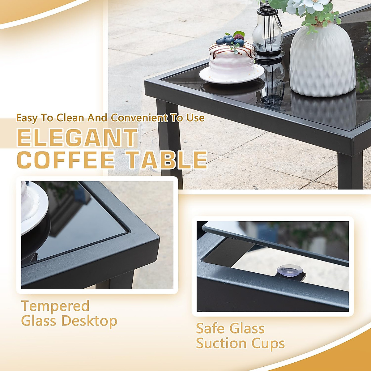 Greesum 4 Pieces Patio Furniture Set Outdoor Conversation Textilene Fabric Chairs for Lawn, Garden, Balcony, Poolside with A Glass Coffee Table, Black