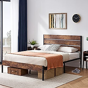 VECELO Platform Queen Bed Frame with Rustic Vintage Wood Headboard, Mattress Foundation, Strong Metal Slats Support, No Box Spring Needed