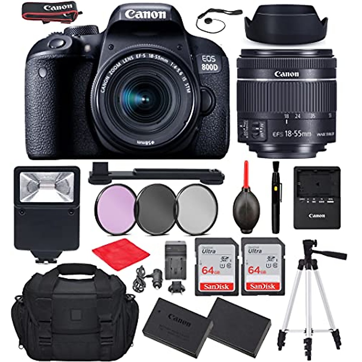 Camera Bundle for Canon EOS 800D (T7i) DSLR Camera with EF-S 18-55mm f/4-5.6 is STM Lens Bundle, Starter Kit + Accessories (Extra Battery, Digital Slave Flash, 128Gb Memory, 50" Tripod and More)