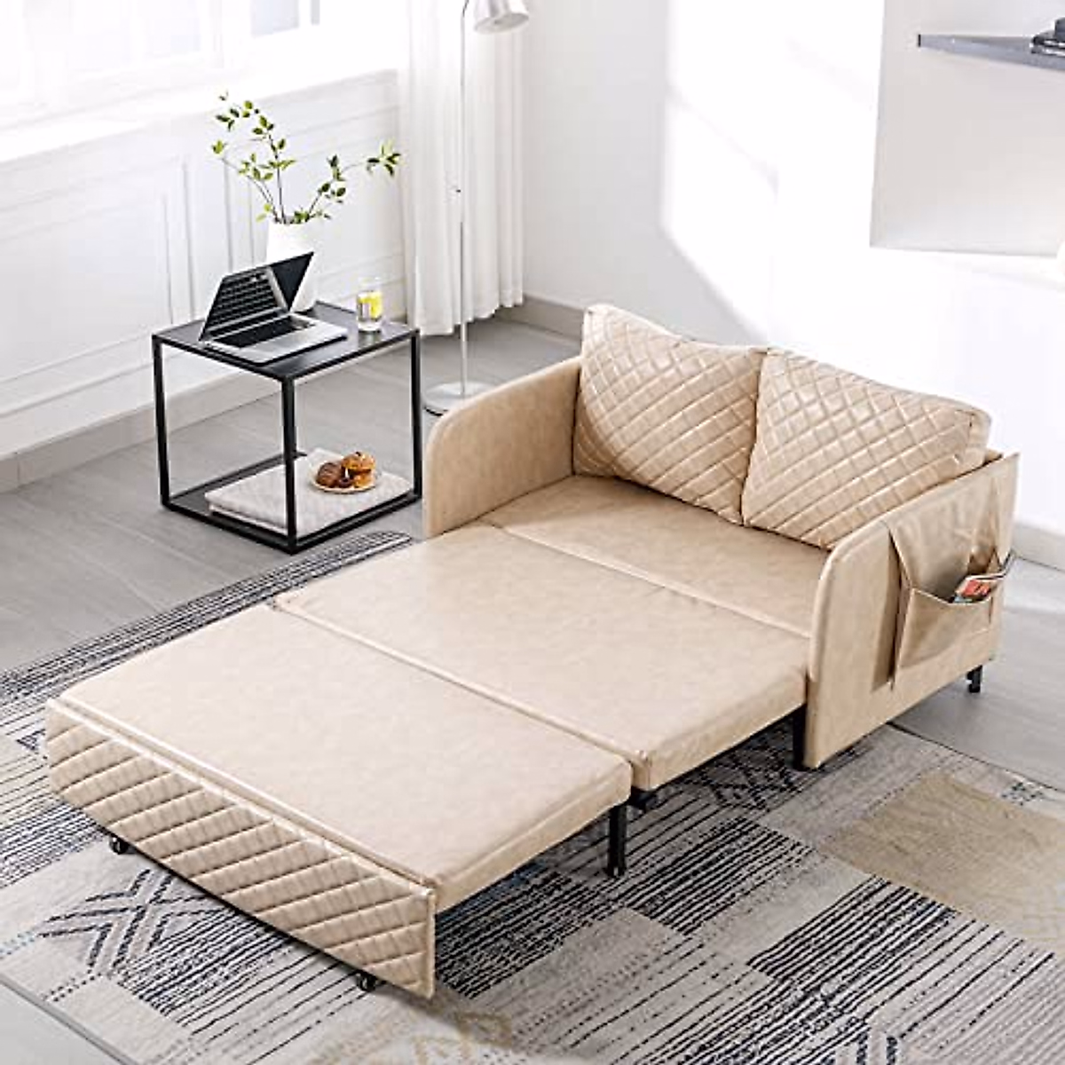 Antetek Sleeper Sofa Bed, 46-inch Faux Leather Loveseat Sleeper Sofa Couch with Pull-Out Bed, Small Love seat Sofa Single Bed with a Detachable Side Pocket for Living Room, Office, Camel
