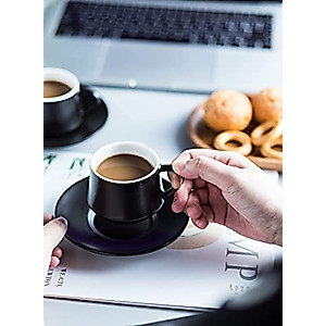 Gomakren Espresso Cups with Saucers Set of 6 with Stand, 4 oz Cappuccino Espresso Latte Coffee Small Cup Black Demitasse Tea Cups for Party Daily Use