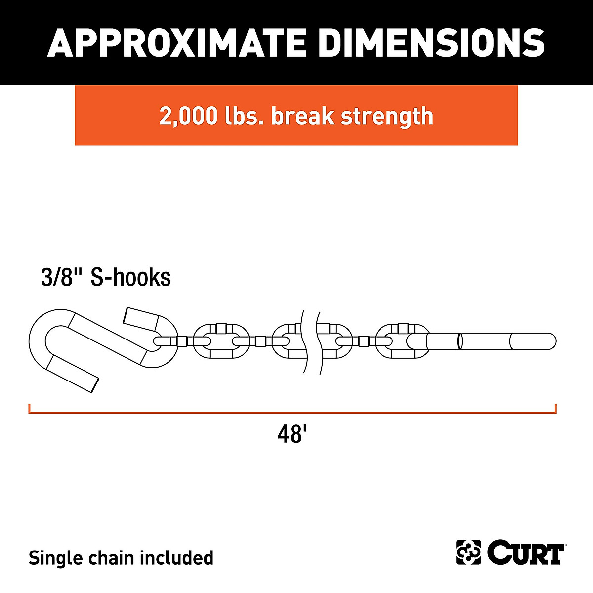 CURT 80011 48-Inch Trailer Safety Chain with 3/8-In S-Hooks, 2,000 lbs Break Strength