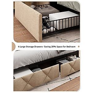 iPormis Queen Bed Frame with 4 Storage Drawers, Upholstered Platform Bed Frame with Charging Station, Modern Wingback Storage Headboard, Easy Assembly, Beige