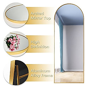 LFT HUIMEI2Y Arched Full Length Mirror, 65"x23.6" Full Body Mirror with Stand or Leaning Against Wall,Mirror with Aluminum Alloy Frame for Bedroom or Living Room, Gold