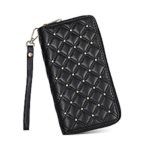 Quilted Wristlet - Double Zipper Stud Wallets for Women - Large Capacity Purse Organizer Clutch (Black)