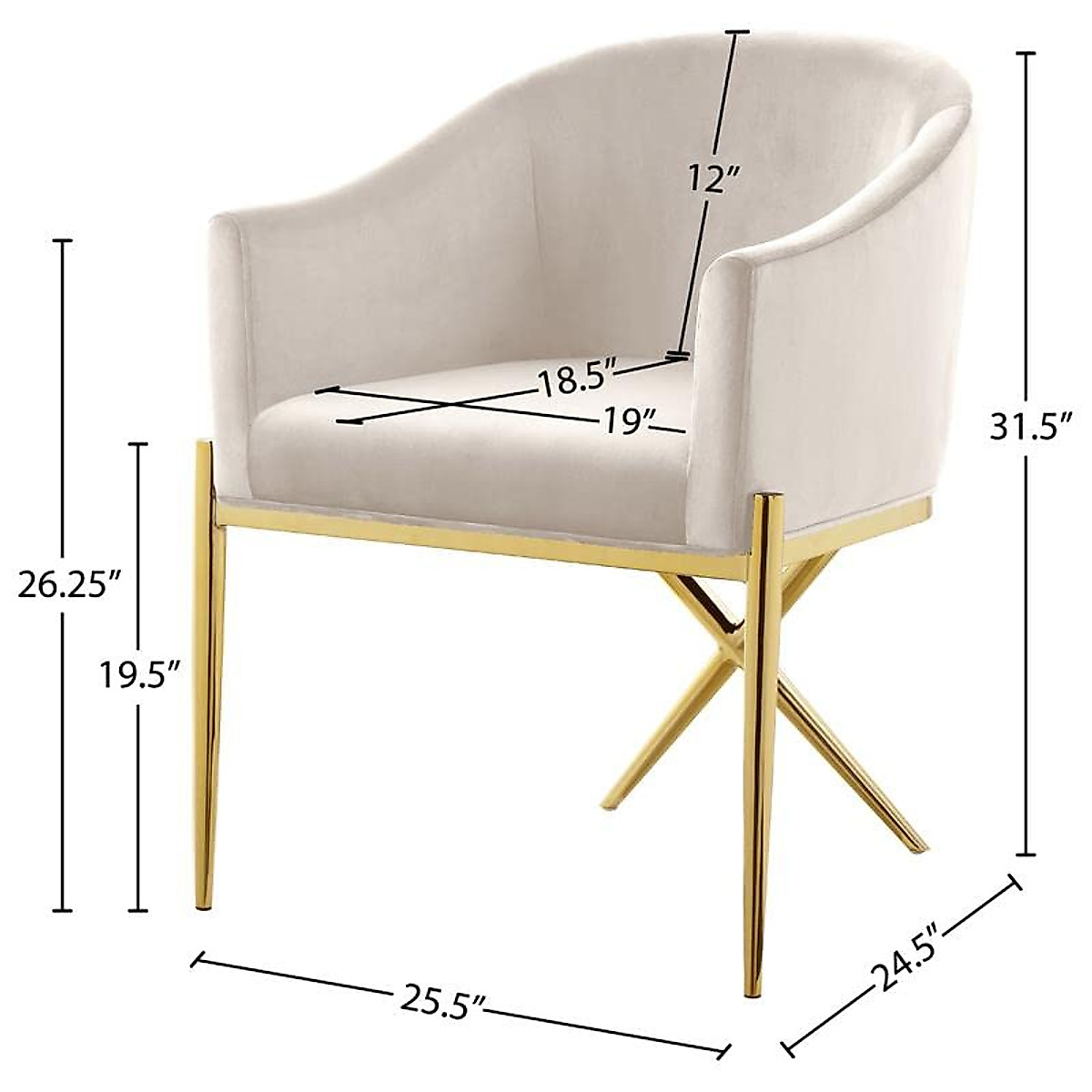 Meridian Furniture Xavier Collection Modern | Contemporary Velvet Upholstered Dining Chair with Sturdy Steel X Shaped Legs, 25.5" W x 24.5" D x 31.5" H, Cream