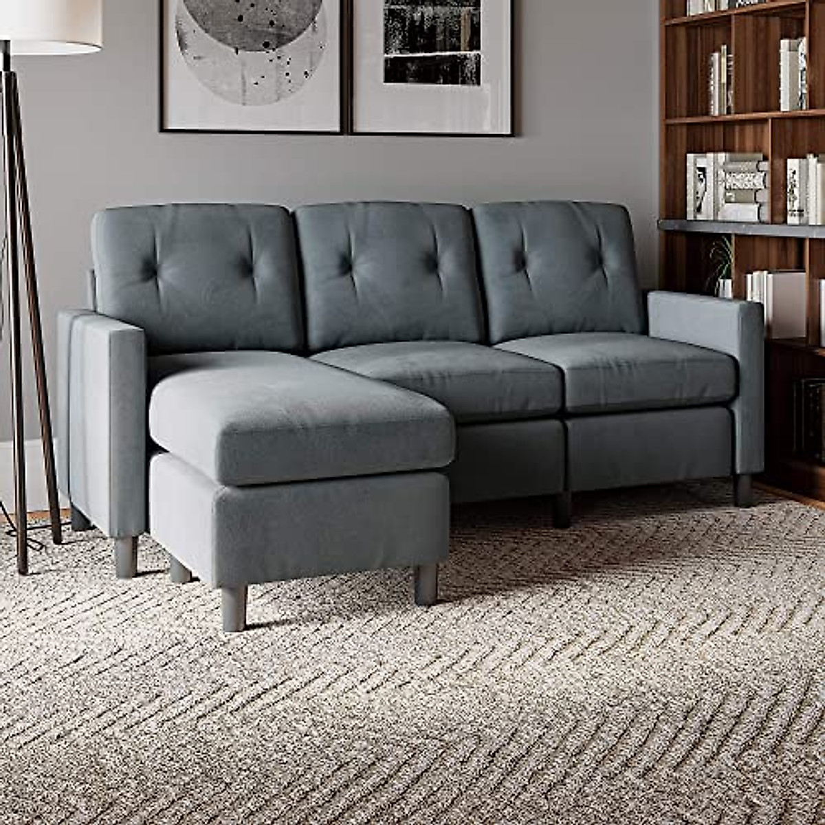 BELLEZE 3 Piece Convertible Sectional Sofa, Upholstered Fabric L Shaped Couch with Modular Chaise Lounge for Dorm Rooms, Apartments, Small Spaces - Altera (Dark Gray)