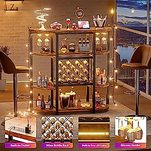 Unikito Wine Rack Freestanding Floor with Oulet and Two LED lights, 4 Tier Industrial Wine Bar Cabinet with Display Shelf, Bar Stand For Liquor, Wine Stand For Kitchen Dining Living Room, Rustic Brown