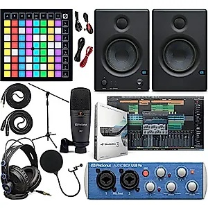 PreSonus AudioBox 96 Audio Interface Full Studio Kit w/Studio One Artist Software Pack w/Novation Launchpad X Grid Controller for Ableton Live, Eris 3.5 Pair Studio Monitors & 1/4” Instrument Cable