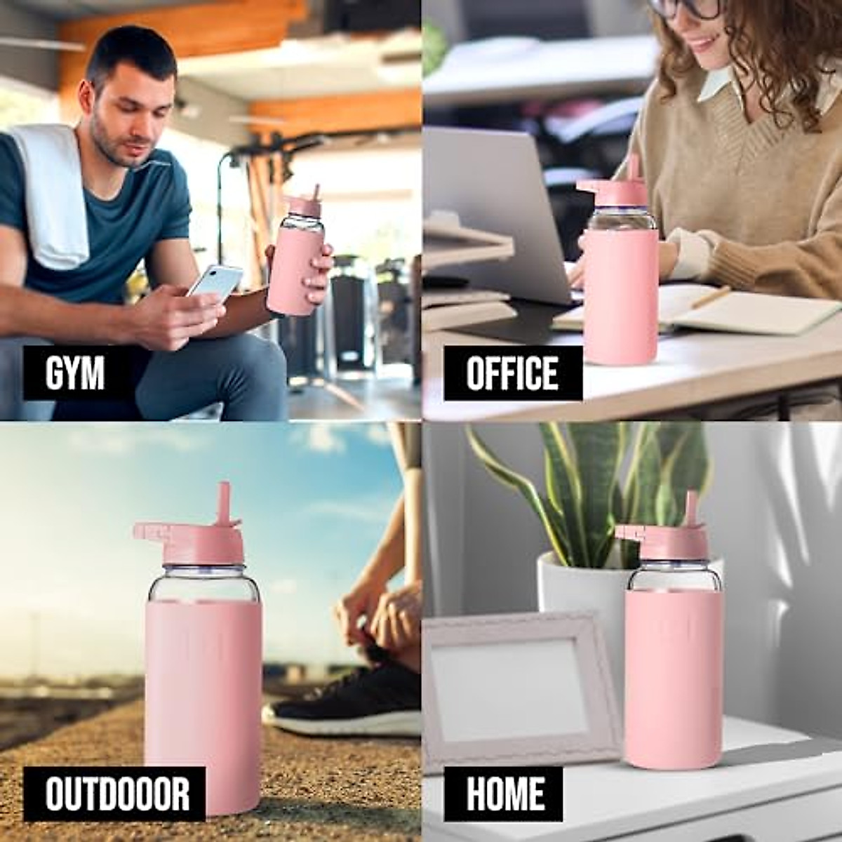 IRON °FLASK Glass Sports Water Bottle - Straw Lid, Airtight Leak Proof, Vacuum Insulated, Bosilicate Glass, Silicone Sleeve, Retains Temperature - Rose, 32 Oz