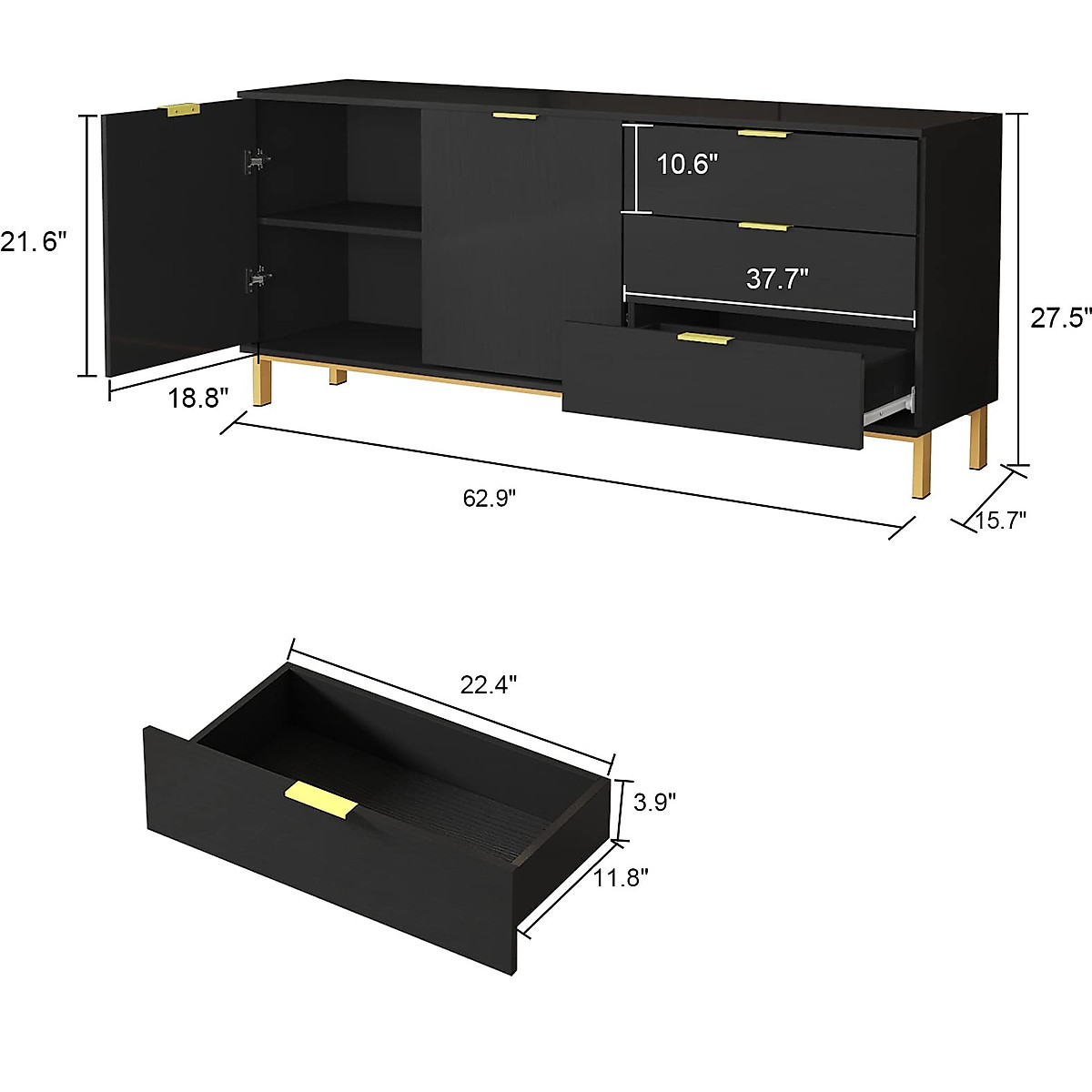 AIEGLE Sideboard Buffet Cabinet with 3 Drawers & 2 Doors for Kitchen, Entryway Cupboard with Gold Metal Legs, Black (62.9" L x 15.7" W x 27.5" H)