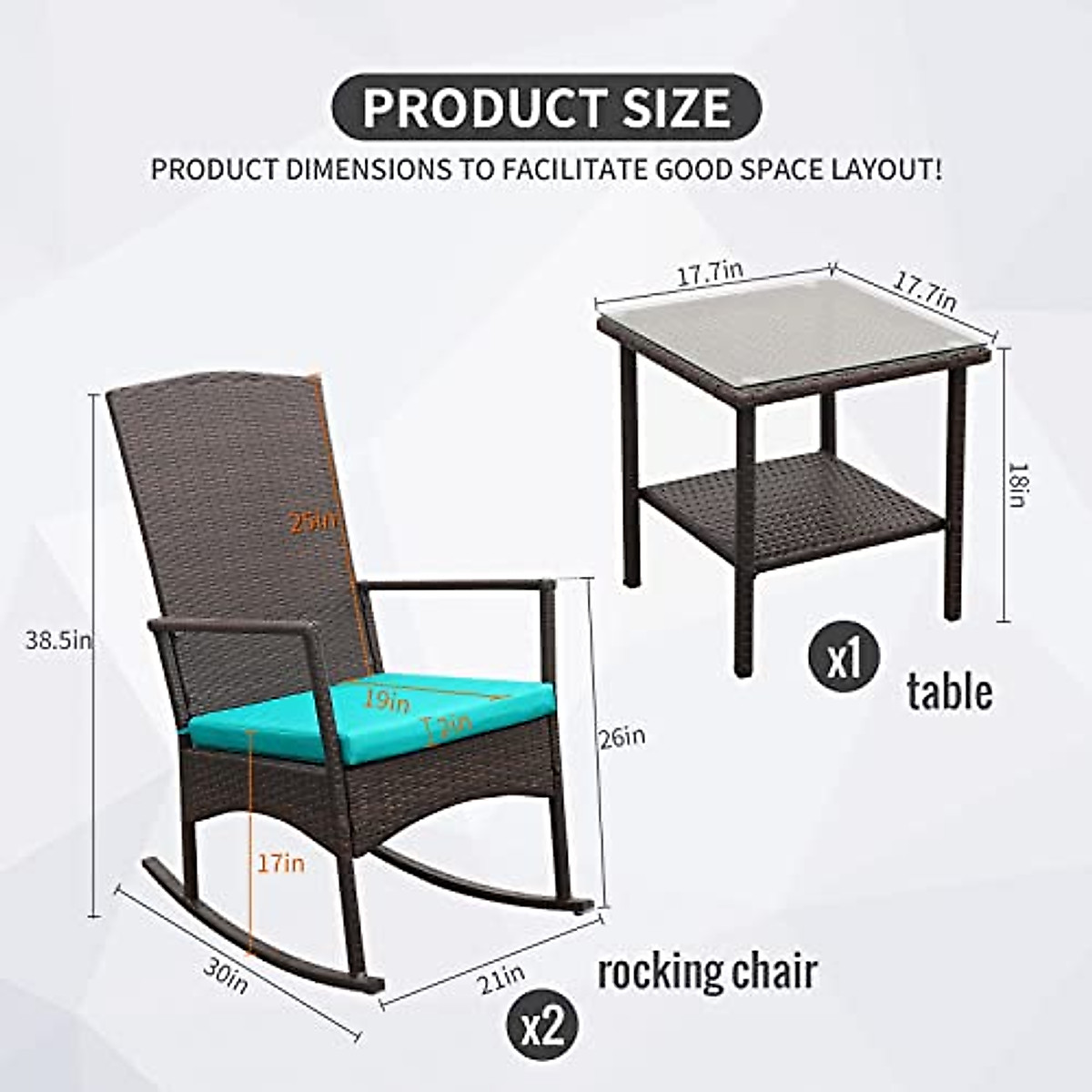 Outdoor PE Wicker Rocking Chair 3-Piece Patio Rattan Bistro Set 2 Rocker Armchair and Glass Coffee Side Table Furniture, Washable Lacing Cushion (Turquoise)