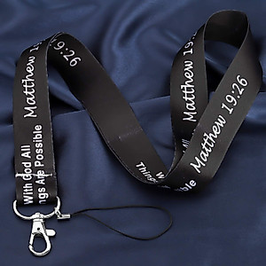 LQRI Christian Lanyard ID Holder Keychain Bible Verse Matthew 19:26 Gift With God All Things Are Possible Gift Clip Charm Catholic Gift Religious Baptized Jewelry (Black)