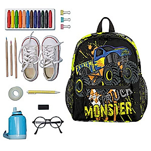 cfpolar Yellow Monster Trucks Car Kids Backpacks for Boys, Cute Toddler Backpack Preschool Kindergarten Elementary School Backpack Lightweight Mini Shoulder Bookbag Casual Daypack with Chest Strap