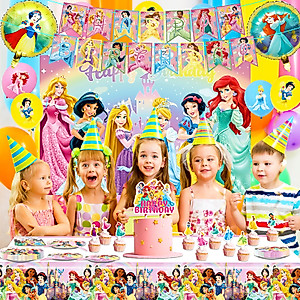 Princess Birthday Decorations - Princess Party Decorations include Banner Tablecloth Backdrop Ballons Cake Cupcake Toppers Tableware Haning Swirls, Princess Birthday Party Supplies
