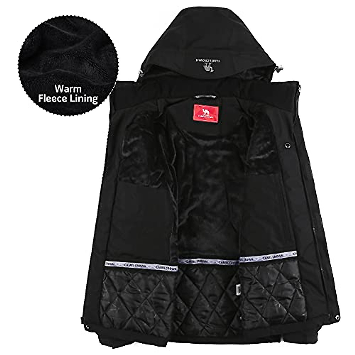 CAMEL CROWN Men's Mountain Snow Waterproof Ski Jacket Detachable Hood Windproof Fleece Parka Rain Jacket Winter Coat Black L