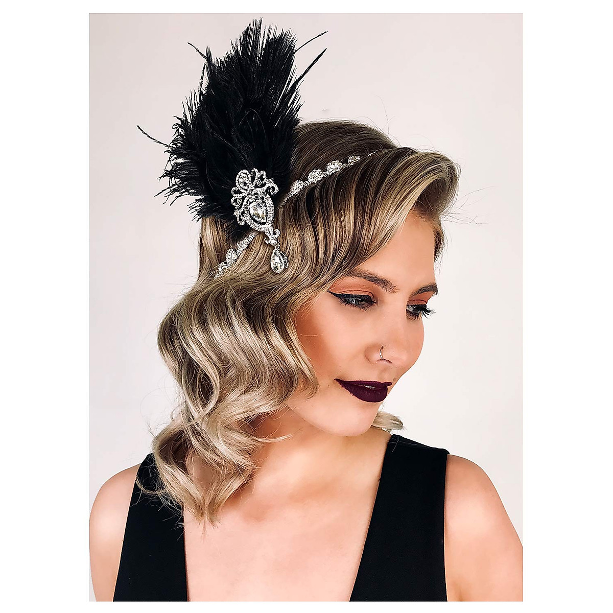SWEETV 1920s Feather Headpiece Black, Womens Ostrich Feather Crystal Headband, Great Gatsby Hair Accessories for Women, Ribbon Tie