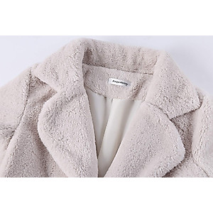 Angashion Women's Fuzzy Fleece Lapel Open Front Long Cardigan Coat Faux Fur Warm Winter Outwear Jackets Light Beige M