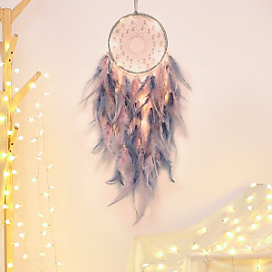 KHOYIME LED Dream Catcher Light Up Handmade Feather Dreamcatchers Boho Wall Hanging for Girls Kids Bedroom Bohemian Home Decor Wedding Ornament Craft Gift (Pink&Grey)