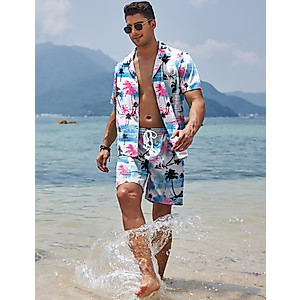 COOFANDY Men's Hawaiian 2 Piece Short Set Cruise Wear Short Sleeve Button Down Shirts and Shorts