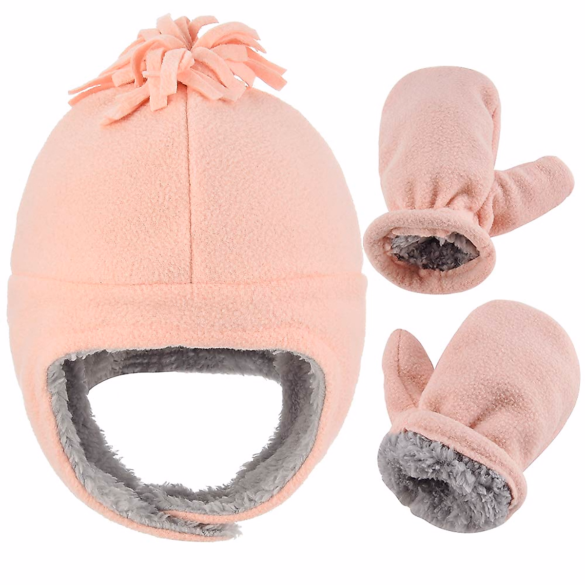 Toddler Winter Hat with Mitten Set - Baby Kids Sherpa Lined Warm Fleece Cap Set with Ear Flaps (Pink, L)