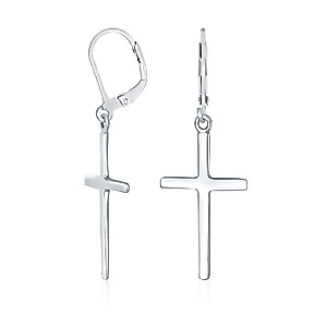 Classic Simple Plain Religious Cross Drop Dangle Earrings For Women For Teen Secure Lever back High Polished .925 Sterling Silver