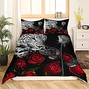 Rose Cheetah Duvet Cover King Size Wedding Valentine's day Bedding Set Black White Leopard Comforter Cover For Adults Men Women wild animal Quilt Cover 2 Pillow Cases Couple Bedroom Decor Red