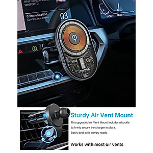 MOMAX Magnetic Wireless Charging Car Charger, Transparent Mag-Safe Compatible Charging Air Vent Mount, Compatible with iPhone 14/14 Max/14Pro/14Pro Max/13/13 Pro/13 Pro Max/12Series and Magnetic Case