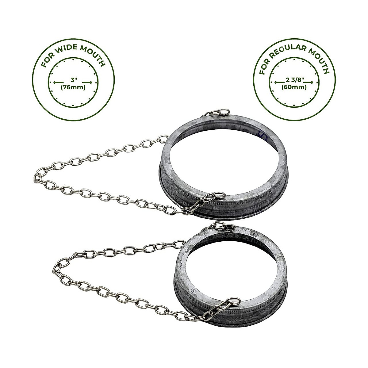 Mason Jar Lifestyle Galvanized Bands with Chain For Hanging Mason Jars, 6 Metallic Regular Mouth Mason Jar Wire Hangers (WideMouth, 6 Pack)