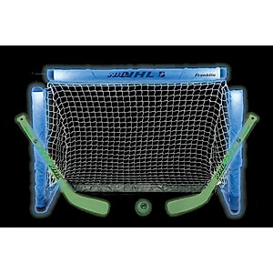 Franklin Sports Knee Hockey Set - includes 1 Light Up Hockey Goal - 2 Light Up Mini Hockey Sticks and 1 Light Up Ball - NHL - Glow in The Dark - Great for Kids