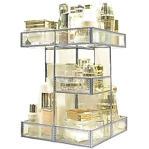 360 Degree Rotation Makeup Organizer Antique Countertop Cosmetic Storage Box Mirror Glass Beauty Display, Gold Spin Large Capacity Holder for Brushes Lipsticks Skincare Toner (silver)