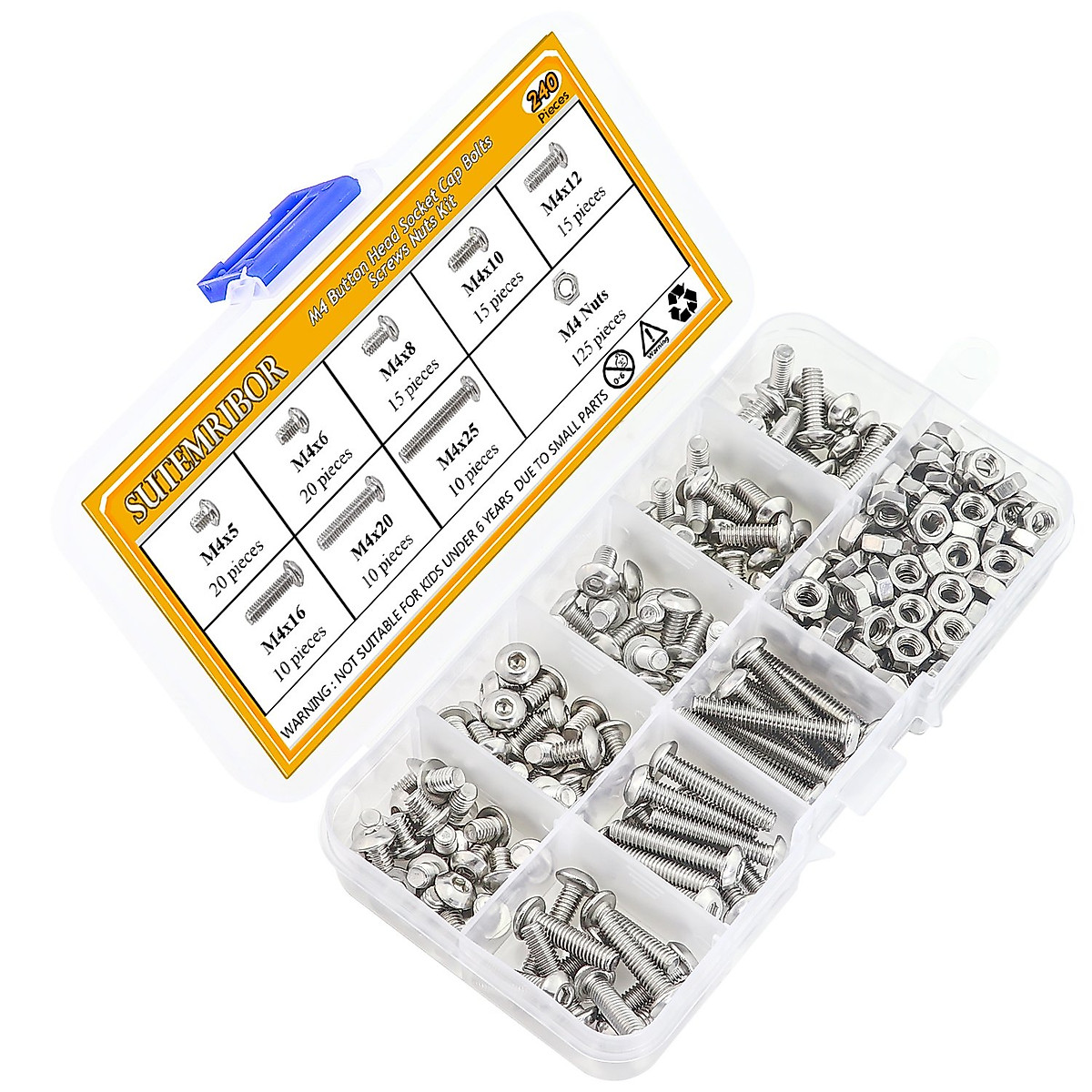Sutemribor 240 Pieces M4 Stainless Steel Button Head Hex Socket Head Cap Bolts Screws Nuts Assortment Kit + Wrench