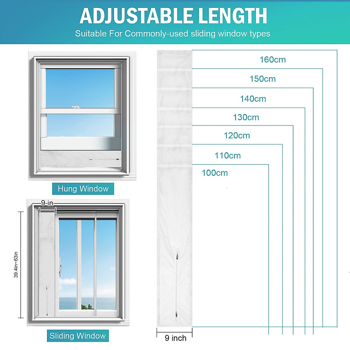 YoleShy Portable AC Window Seal for AC Unit, Portable AC Window Kit for Portable Air Conditioner Window Seal 25X102~160 cm AC Window Vent Kit with Zip and Adhesive Fastener AC Unit Window Seal