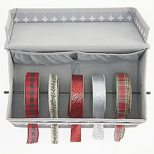 mDesign Gift-Wrapping Ribbon Storage Box with Handles - Holiday Bow Organizer Container with Lid - Christmas Giftwrap Ribbon Holder - Gift Storage Tote Bin and Bow Station with Polka Dots - Gray