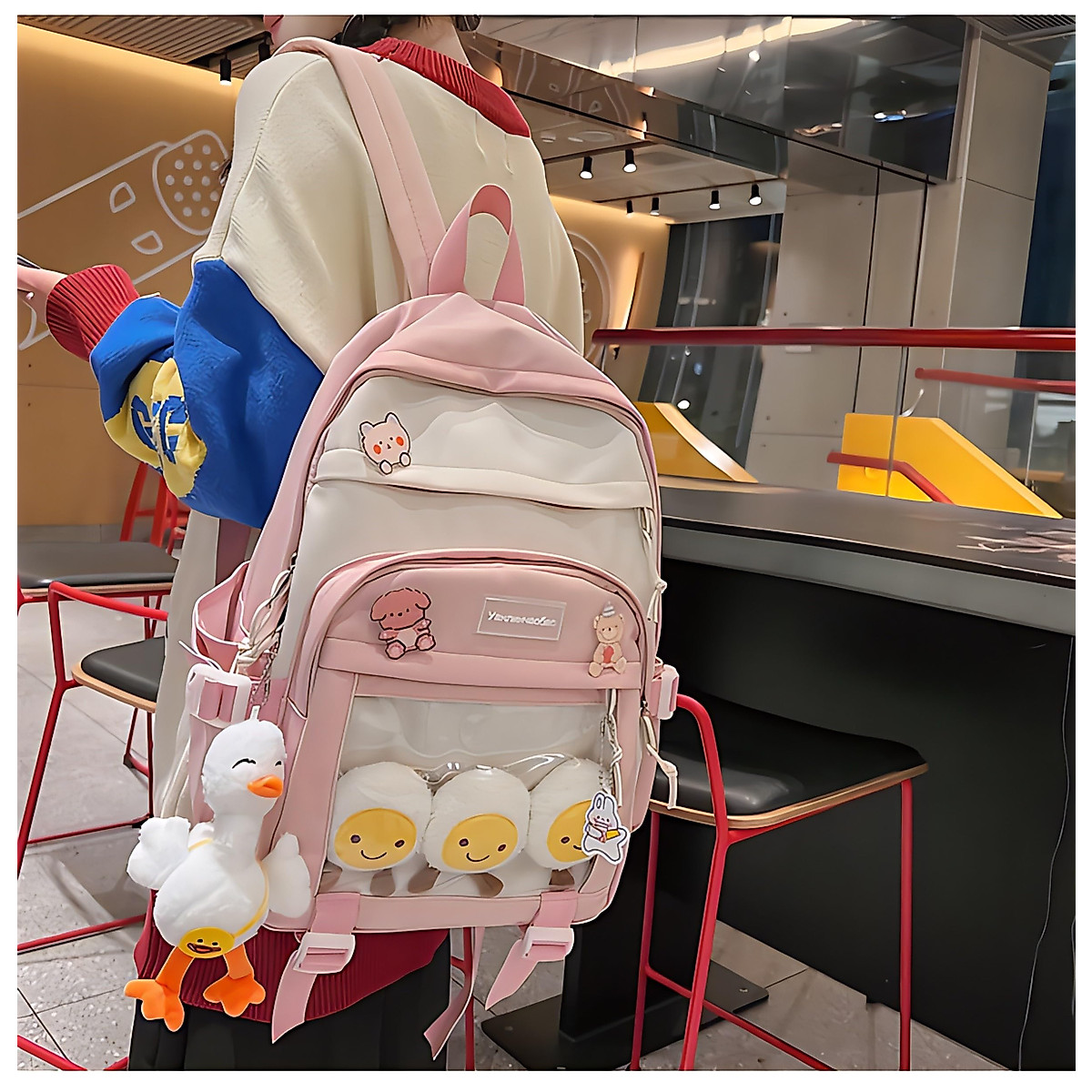 TULDYS Kawaii Backpack with Cute Accessories Aesthetics Bookbag (Pink)