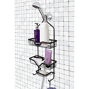 Splash Home Maui Aluminum Bathroom Organizer Shower Caddy, Hanging Head Two Shelf Plus Dish, Shower Rack Storage for Shampoo, Conditioner and Soap, Black