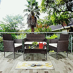 SAWQF 4Pcs Outdoor Garden Patio Furniture Set Rattan Include 1 2-Seat Sofa+2 Arm Chairs+1 Tea Table Brown w/White Cushion