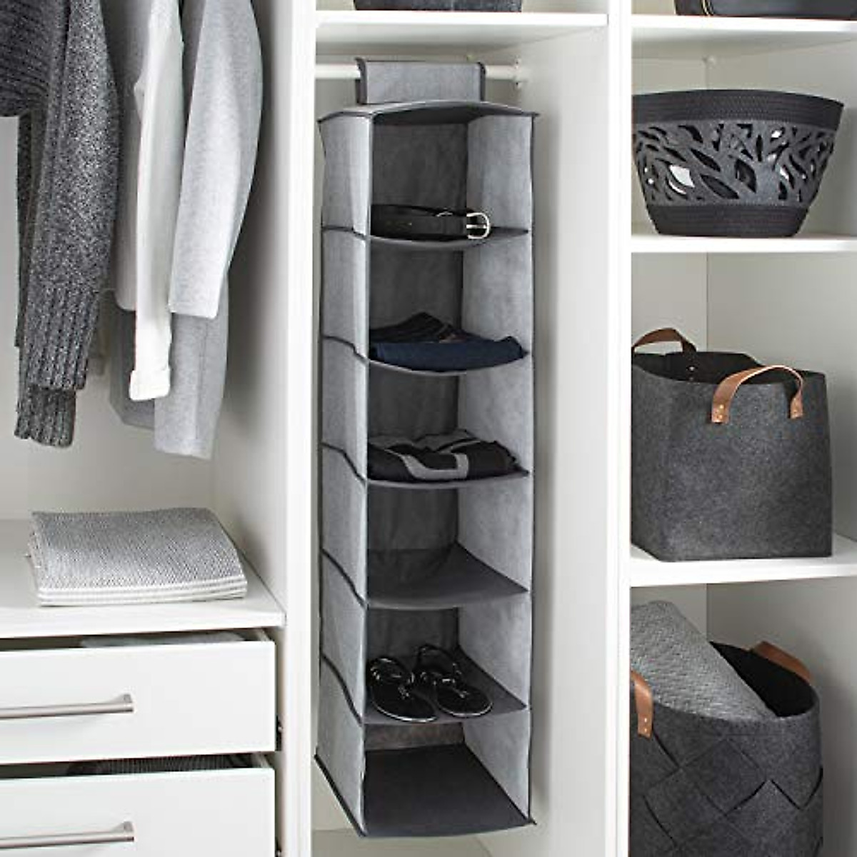 Simplify 6 Shelf Hanging Closet Organizer, Space Saver, Sweater & Clothing Shelves, Breathable Material Keeps Away Dust & Odors, Grey (26606-GREY)