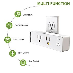 Toxaoii Mini WiFi Smart Plug, Outlet Extender Dual Socket Plugs with USB, Surge Protector with Remote Control and Timer Function, Compatible with Alexa, Google Assistant, No Hub Required