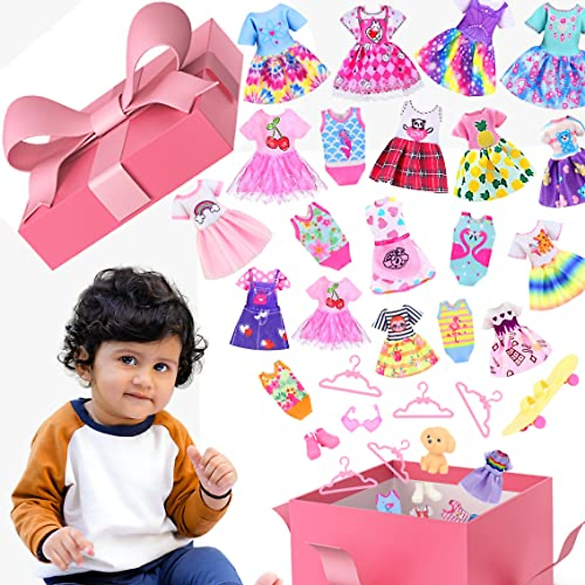 ZITA ELEMENT 16 Pcs 5.3 Inch - 6 Inch Girl Doll Clothes and Accessories - 3 Dresses, 3 Swimsuits, 2 Shoes, 5 Outfits Hangers, 1 Skateboard, 1 Glasses and 1 Toy Dog