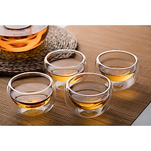 CNGLASS Tea Cups Set of 4 Double Wall Glass Tea Cup, 5.1oz Asian Insulated Clear Teacups 150ML,Small Espresso Cup for Coffee