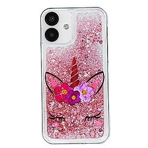 MEIKONST Galaxy A04 case, Clear Soft TPU Stylish Design with Hearts Glitter Bling Quicksand Shiny Flowing Liquid Case Cover for Samsung Galaxy A04 Pink Unicorn XY