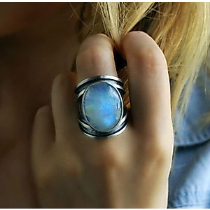 WDIYIEETN Vintage Silver Ring Oval Cut Natural Colorful Moonstone Elegant Gemstone Wedding Ring (10)