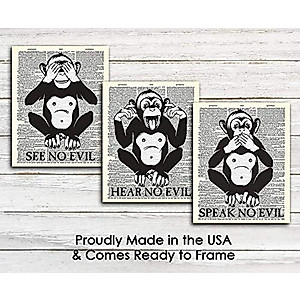 3 Wise Monkeys Dictionary Wall Art Prints: Unique Room Decor for Boys, Men, Girls & Women - Set of Three (8x10) Unframed Pictures - Great Gift Idea