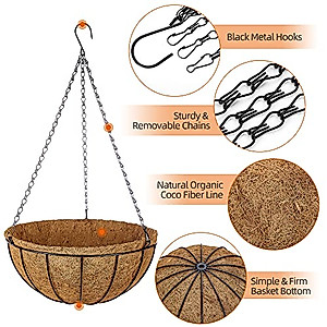ZeeDix 2Packs 14in Metal Hanging Planter Basket with Coconut Coir Liner- Coconut Coir Liner with Black Chain for Porch Pots Hanger, Indoor Outdoor Plant Flower Pot, Garden Decorations