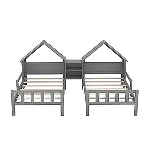 Twin Size Double Shared Platform Bed 2-In-1 Panel Bed w/House Shape Headboard & Footboard for Teen,Rustic Country Wooden Bedframe Mattress Foundation w/Built-in Nightstand & Slats for Boy Girl (Grey)