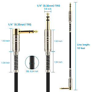 JOLGOO 1/4 inch TRS Cable, Straight to Right Angle 1/4 Inch 6.35mm Stereo Audio Cable for Studio Monitors,Mixer,Yamaha Speaker/Receiver, 10 Feet