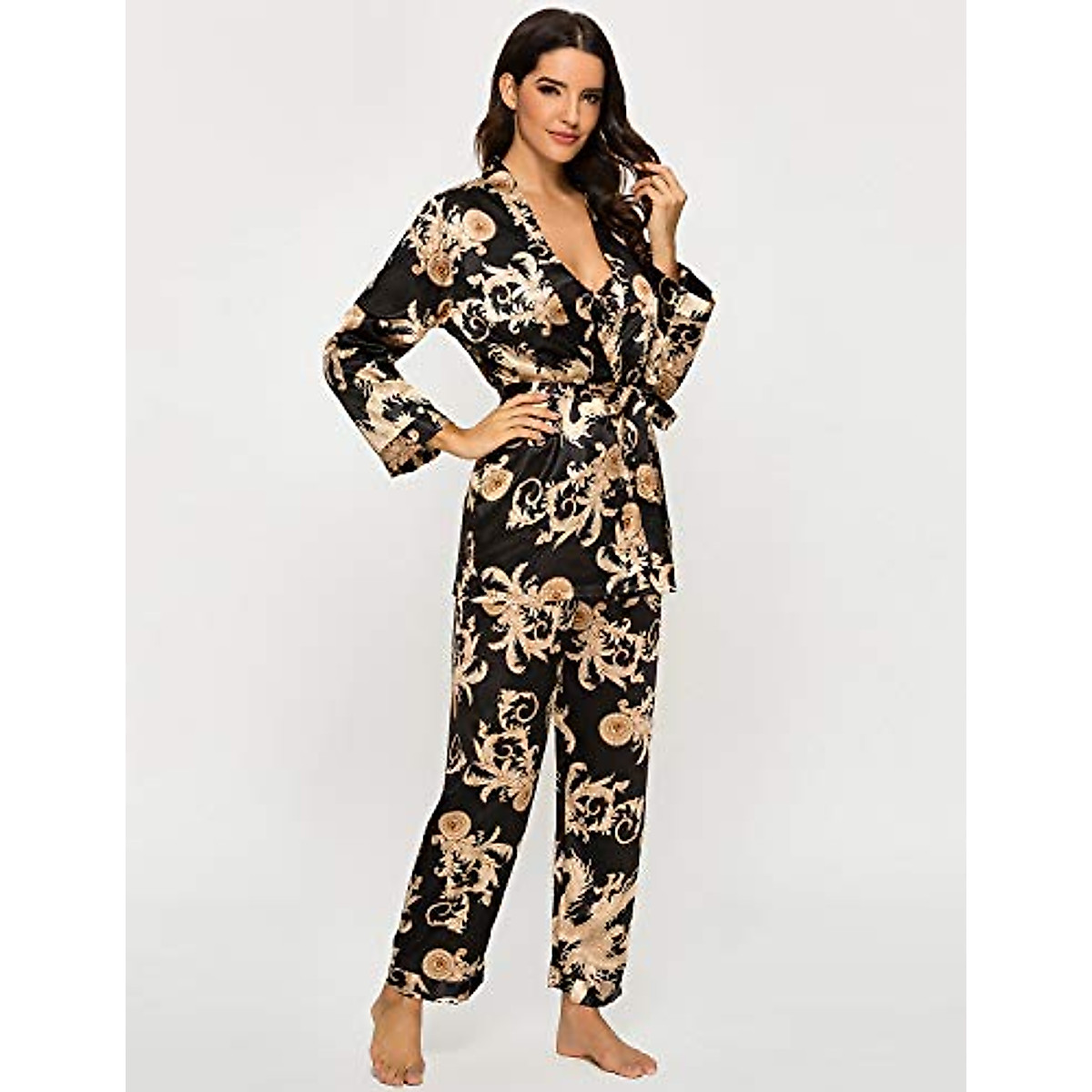 Escalier Women's Silk Satin Pajamas Set 3 Pcs Floral Silky Pj Sets Sleepwear Cami Nightwear with Robe and Pants Black M