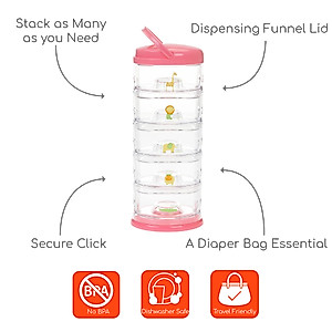Innobaby Packin' Smart Stackable and Portable Storage System for Formula, Baby Snacks and More. Set of 5 Stackable Containers in Strawberry Sorbet. BPA Free.