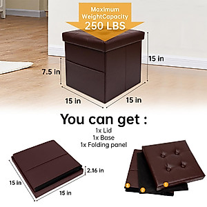 xuperbonus15 Inches Folding Storage Square Ottoman with Side Pocket Brown Leather Cube Foot Rest Stool Seat for Dorm Living Room Bedroom